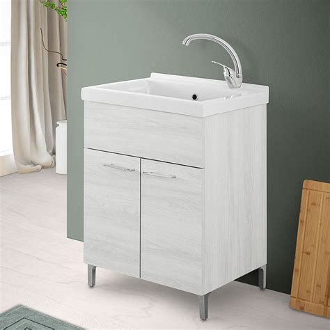 Mobile Lavatoio X Cm Rovere Bianco Con Vasca Lavapanni In Ceramica