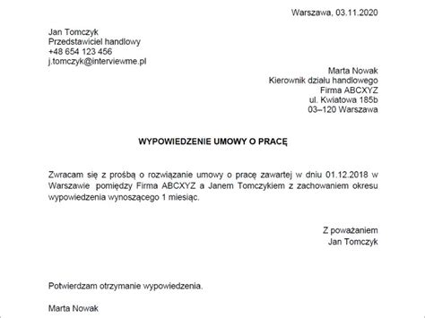 Wypowiedzenie Umowy O Prac Z Okresem Wypowiedzenia Wz R