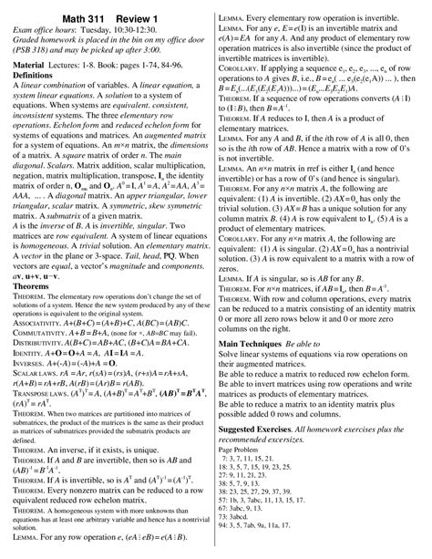 review sheet for introduction to linear algebra math 311 docsity