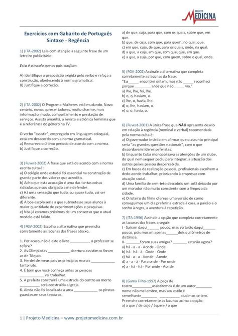 PDF Exercícios Gabarito de Português Sintaxe Regência