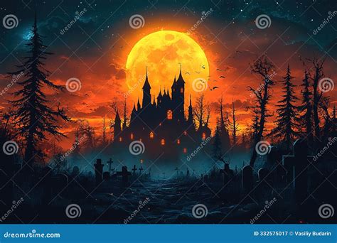 Scary Gothic Castle On Halloween Night Haunted Palace Or Mansion For