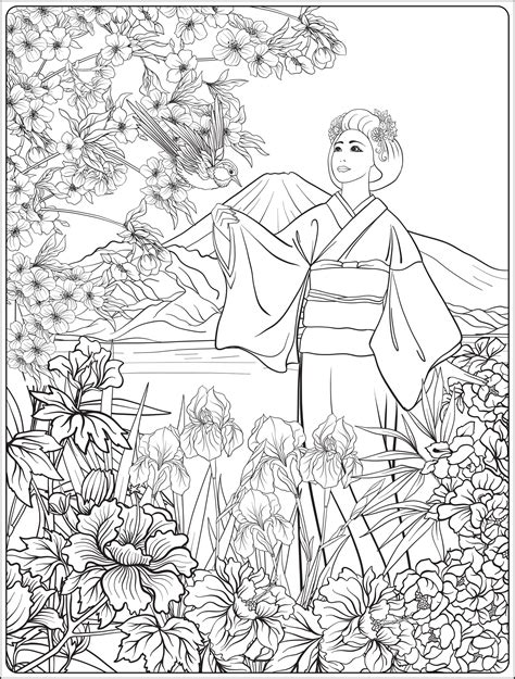 Japonaise en kimono et Mont Fuji Coloriages de Japon à imprimer pour
