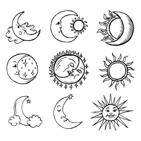 Establecer símbolos del boceto de la luna y el sol Vector Premium