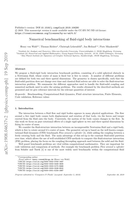 pdf numerical benchmarking of fluid rigid body interactions