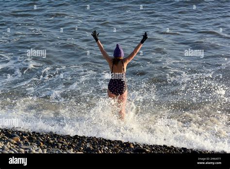 A Woman Cold Water Swimming Winter Sea Swimming Amroth Beach