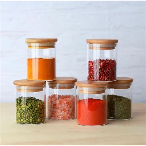 Kit 6 Potes Frasco De Vidro Tampa De Bambu Para Condimentos
