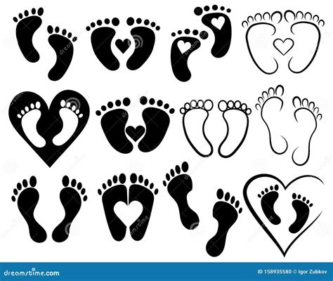 Set Of Footprints Of Babies With Hearts Baby Foot Collection Black