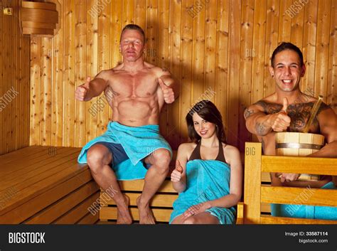 Three People Sitting Sauna Posing Image Photo Bigstock