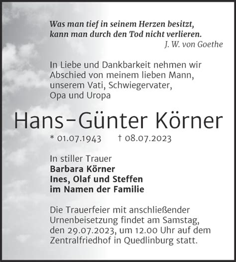 Traueranzeigen von Hans Günter Körner abschied nehmen de