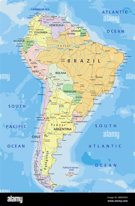 América del Sur Mapa político altamente detallado y editable con