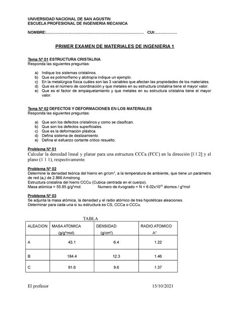 1er Examen Materiales DE Ingenieria 2021 2 FIM UNIVERSIDAD