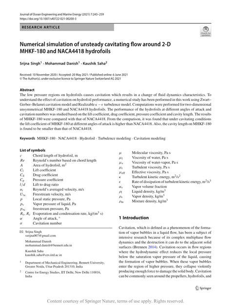 numerical simulation of unsteady cavitating flow around 2 d mhkf 180 and naca4418 hydrofoils