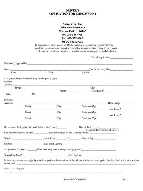 Fillable Online DRIVER S APPLICATION FOR EMPLOYMENT Cabrera Logistics