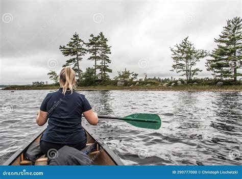Blonde Girl Canoe Ride Exploring Nature On Morning Mist Kejimkujik National Park Wilderness Nova