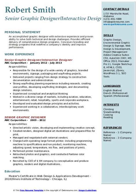 Senior Graphic Designer Resume Samples Qwikresume