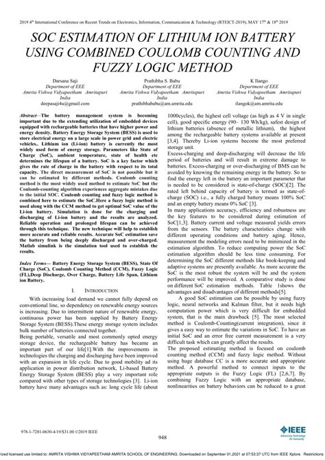pdf soc estimation of lithium ion battery using combined coulomb counting and fuzzy logic method