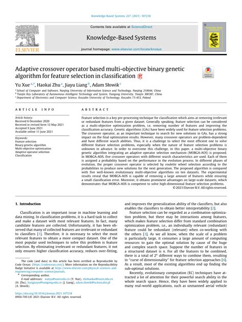 pdf adaptive crossover operator based multi objective binary genetic algorithm for feature