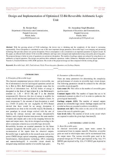 pdf design and implementation of optimized 32 bit reversible arithmetic logic unit