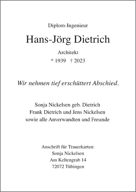 Traueranzeigen von Hans Jörg Dietrich noz Trauerportal