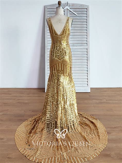 VQ Sparkly Stripe Lined Sequin V Neck Mermaid Prom Dress