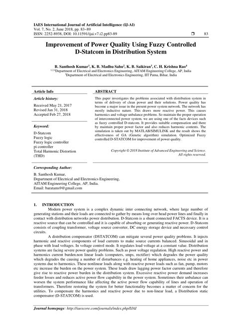 pdf improvement of power quality using fuzzy controlled d statcom in distribution system