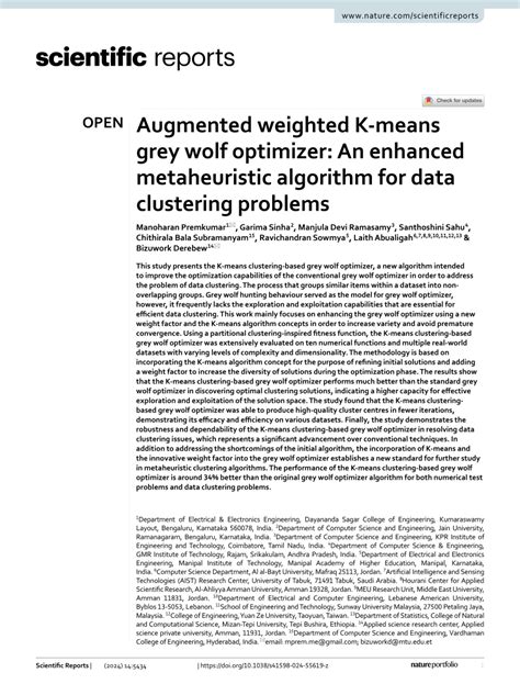 pdf augmented weighted k‑means grey wolf optimizer an enhanced metaheuristic algorithm for