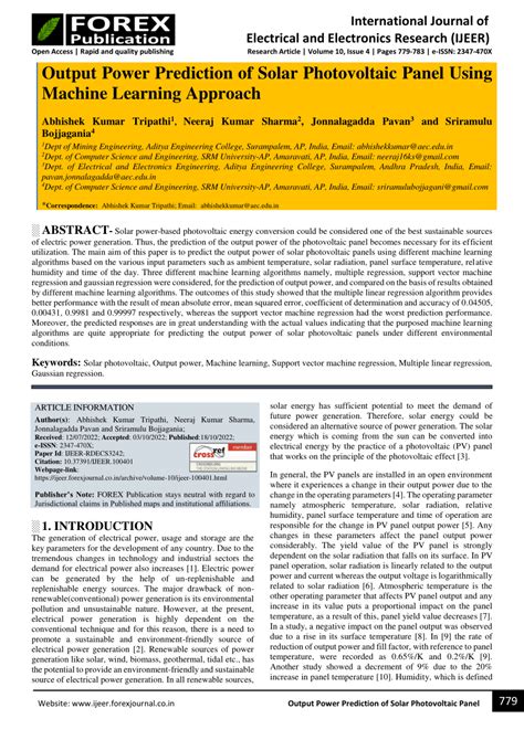 pdf output power prediction of solar photovoltaic panel using machine learning approach