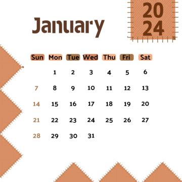 Modelo De Vetor Gráfico Mensal Marrom De Calendário De Janeiro De 2024