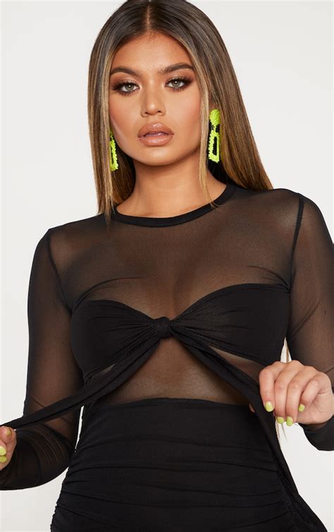 Black Mesh Tie Front Long Sleeve Bodycon Dress Prettylittlething Qa