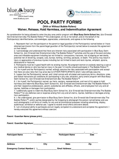Fillable Online POOL LIABILITY WAIVER Sample Clauses Fax Email Print