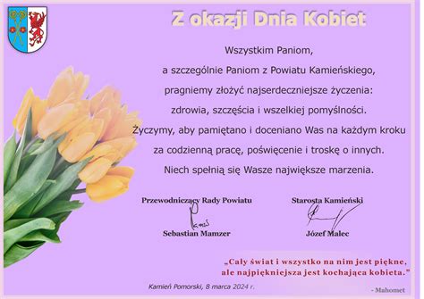 Życzenia z okazji Dnia Kobiet Starostwo Powiatowe w Kamieniu Pomorskim
