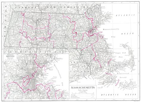 MASSACHUSETTS State Map Showing Counties Inset Environs Of Boston 1910