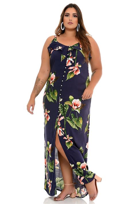 Vestido Plus Size Longo Estampado Em Linho Vk Moda Plus Size