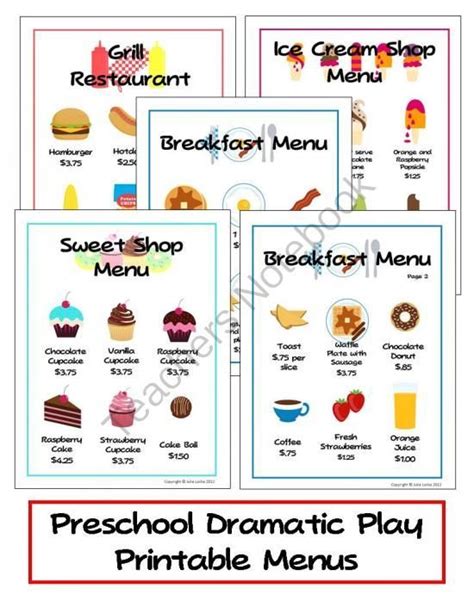 Printable Dramatic Play Restaurant Menu