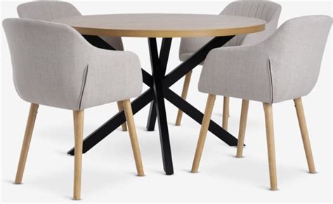 NORTOFT Ø120 tafel eiken 4 ADSLEV stoelen beige eiken JYSK