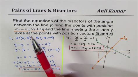 how to find equation of the bisector of an angle between two intersecting lines youtube