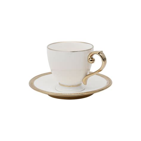 Jogo 6 xícaras 200ml para chá de porcelana branca e dourado pires