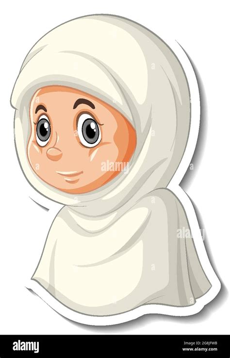A Sticker Template With Portrait Of A Muslim Girl Cartoon Character