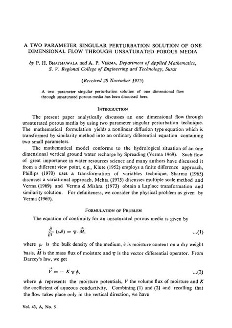 pdf a two parameter singular perturbation solution of one dimensional flow through unsaturated