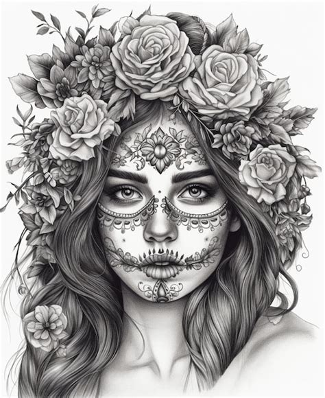 Um Desenho Preto E Branco De Uma Mulher Flores No Rosto Foto Premium