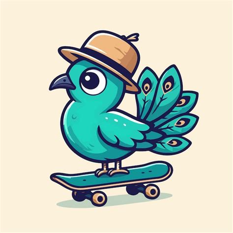 Pavo Real De Dibujos Animados Vectoriales Jugando Al Skateboard