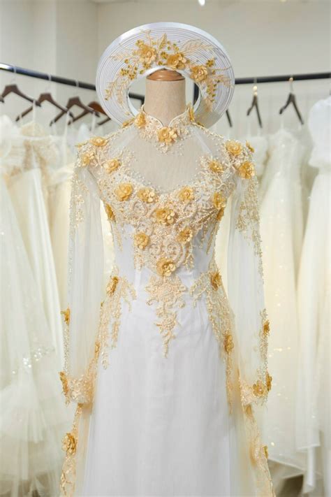 Luxury Ao Dai With Gold Lace And D Floral Ao Dai Cuoi Etsy Vietnam