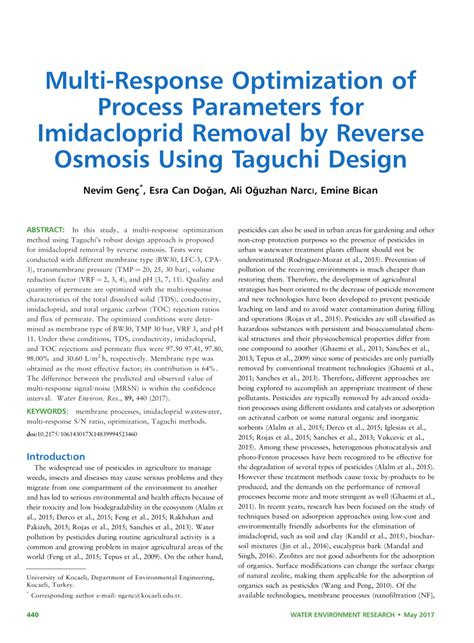pdf multi response optimization of process parameters for imidacloprid removal by reverse