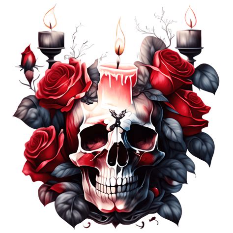 Watercolour Gothic Skull With Red Roses And Candles Creative Fabrica