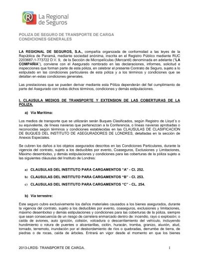 POLIZA DE SEGURO DE TRANSPORTE DE CARGA CONDICIONES GENERALES