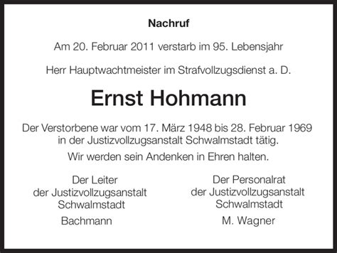 Traueranzeigen Von Ernst Hohmann Trauer Hna De