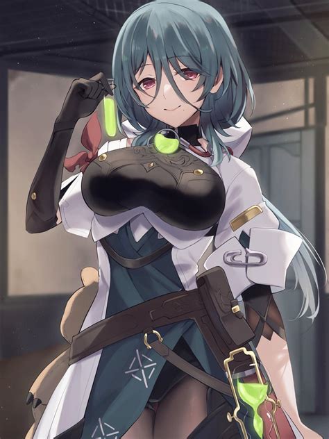 Smiling Big Boobs Long Hair Blue Hair Red Eyes Moles Mole Under