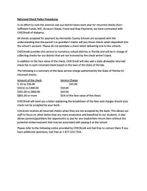 Returned Check Policy Sample Fill Online Printable Fillable Blank