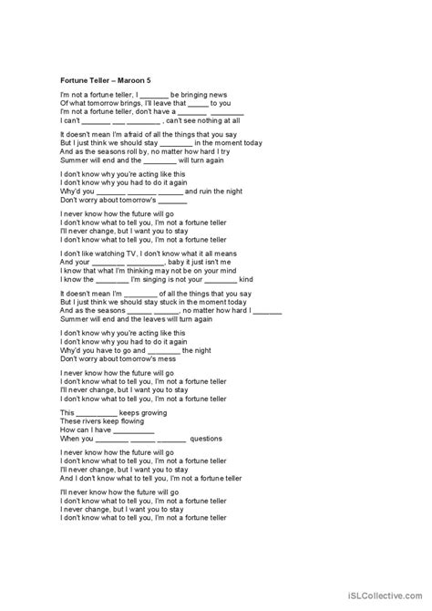 Song Fortune Teller By Maroon F Fran Ais Fle Fiches Pedagogiques