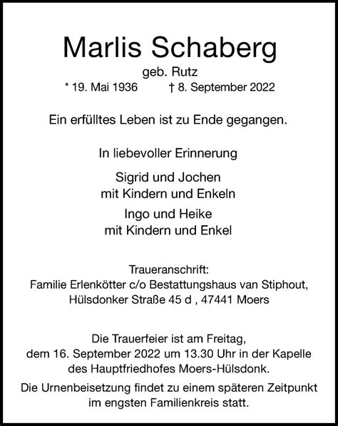 Traueranzeigen Von Marlis Schaberg Trauer In NRW De